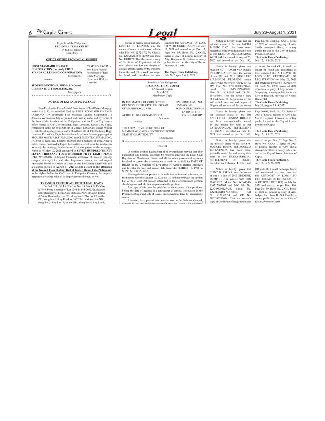 » FFIDAVIT OF LOSS CR WITH UNDERTAKING-MA. LUCILLE B. LICAROS