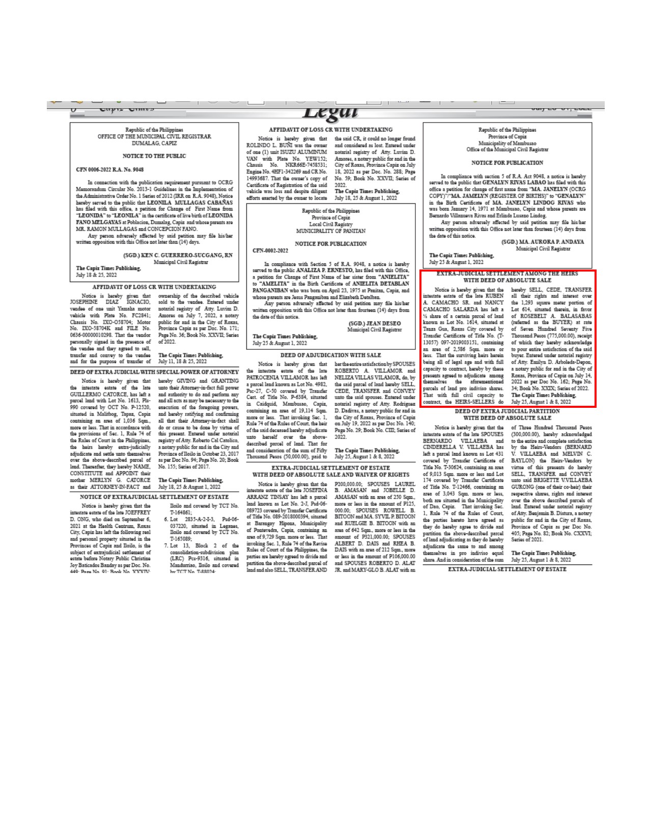 » EXTRA-JUDICIAL SETTLEMENT AMONG THE HEIRS (RUBEN A. CAMACHO SR. and ...