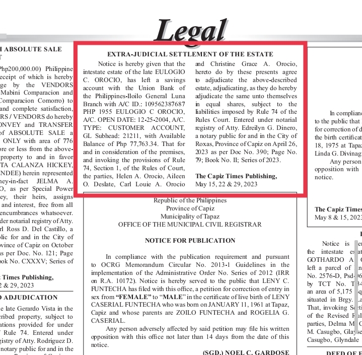 » NOTICE OF EXTRA-JUDICIAL SETTLEMENT OF ESTATE of the late EULOGIO C ...